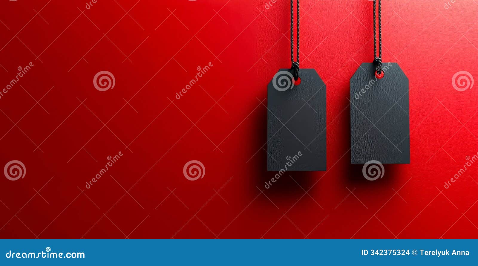 Two Black Tags Hanging from a Red Background Stock Photo - Image of ...