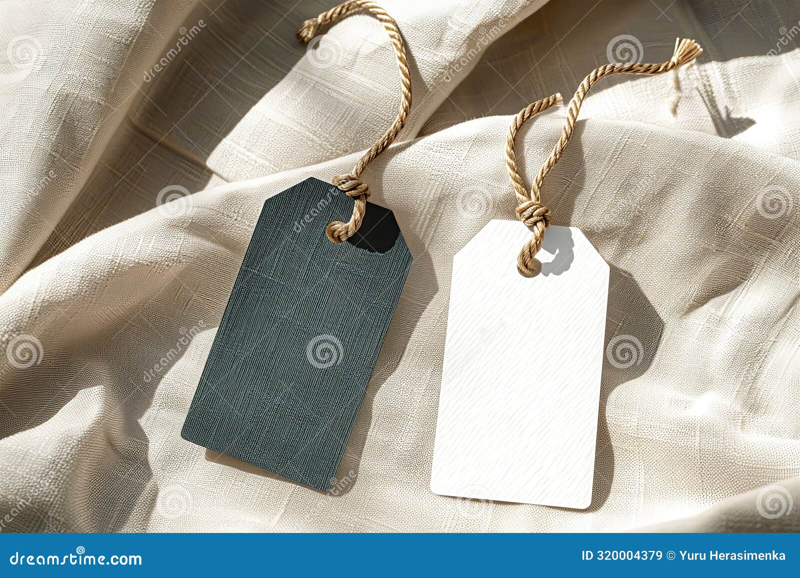 Two Tags Sway Gently from a Rope Against a White Cloth Background ...
