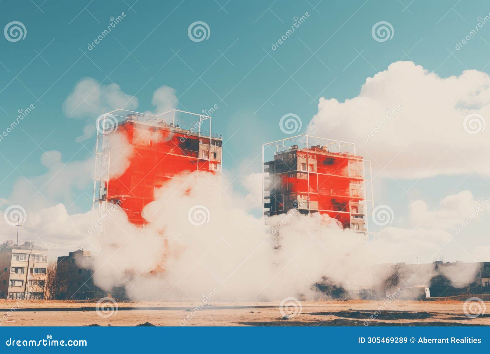 Two Tall Buildings with Smoke Coming Out of Them Stock Illustration ...