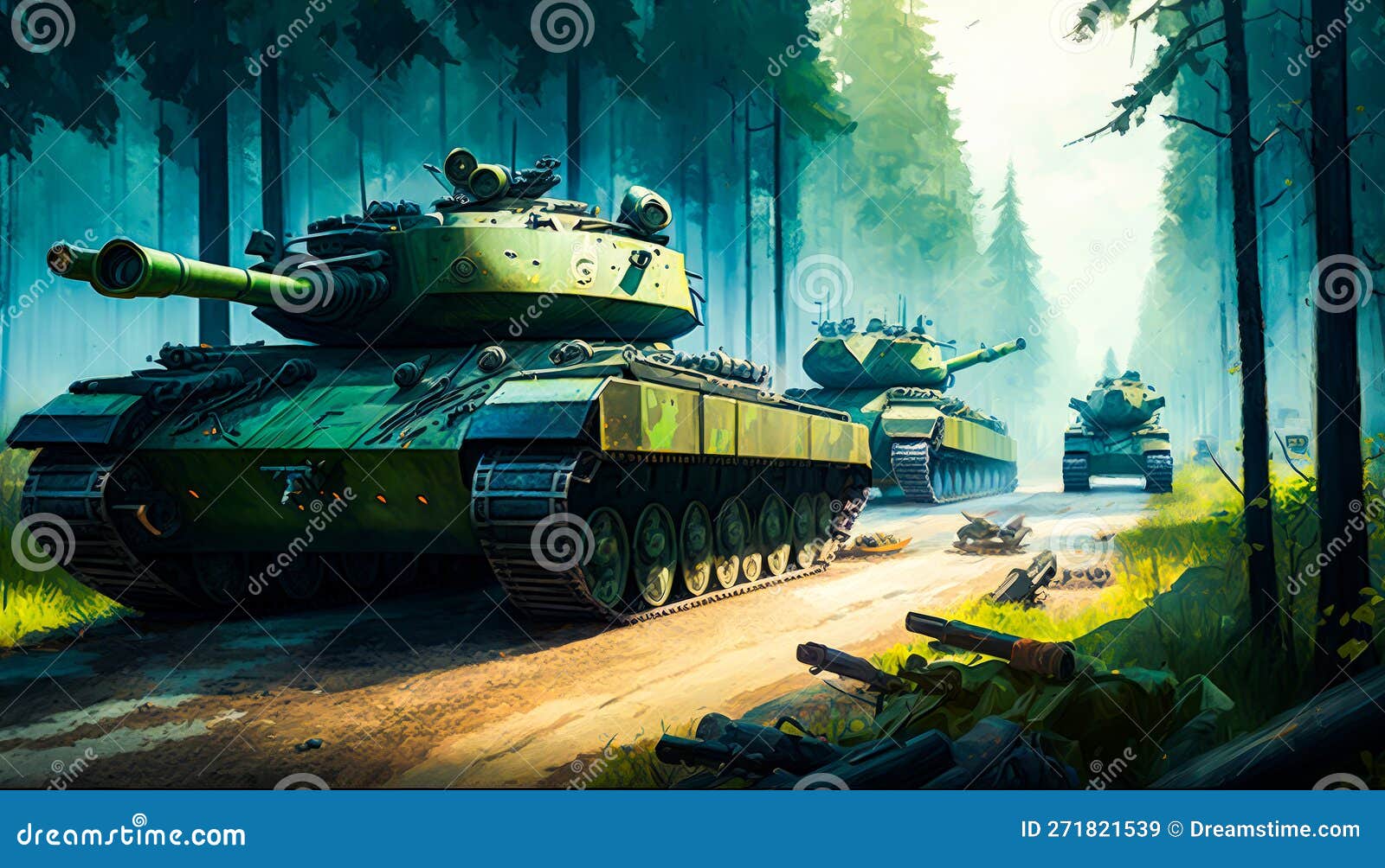 Two Tanks are Driving through Forest with Trees in the Background ...