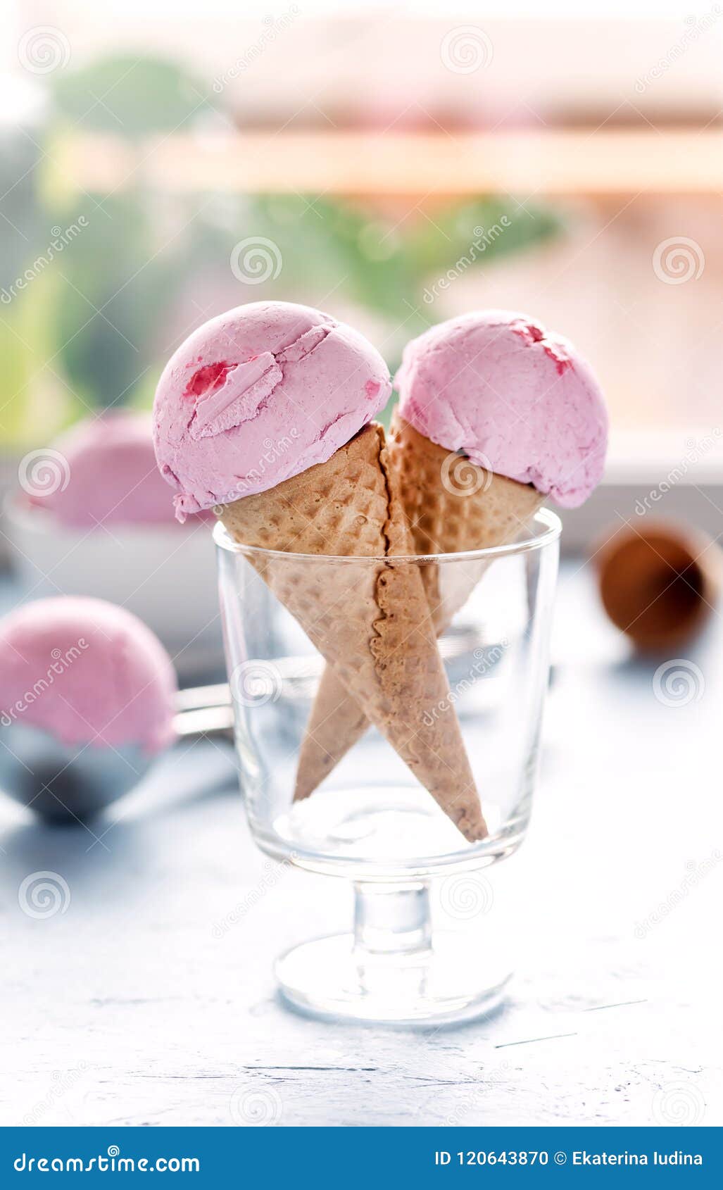 Two Tasty Ice Cream Cone Close Up Tasty Ice Cream Horizontal Copy Space ...