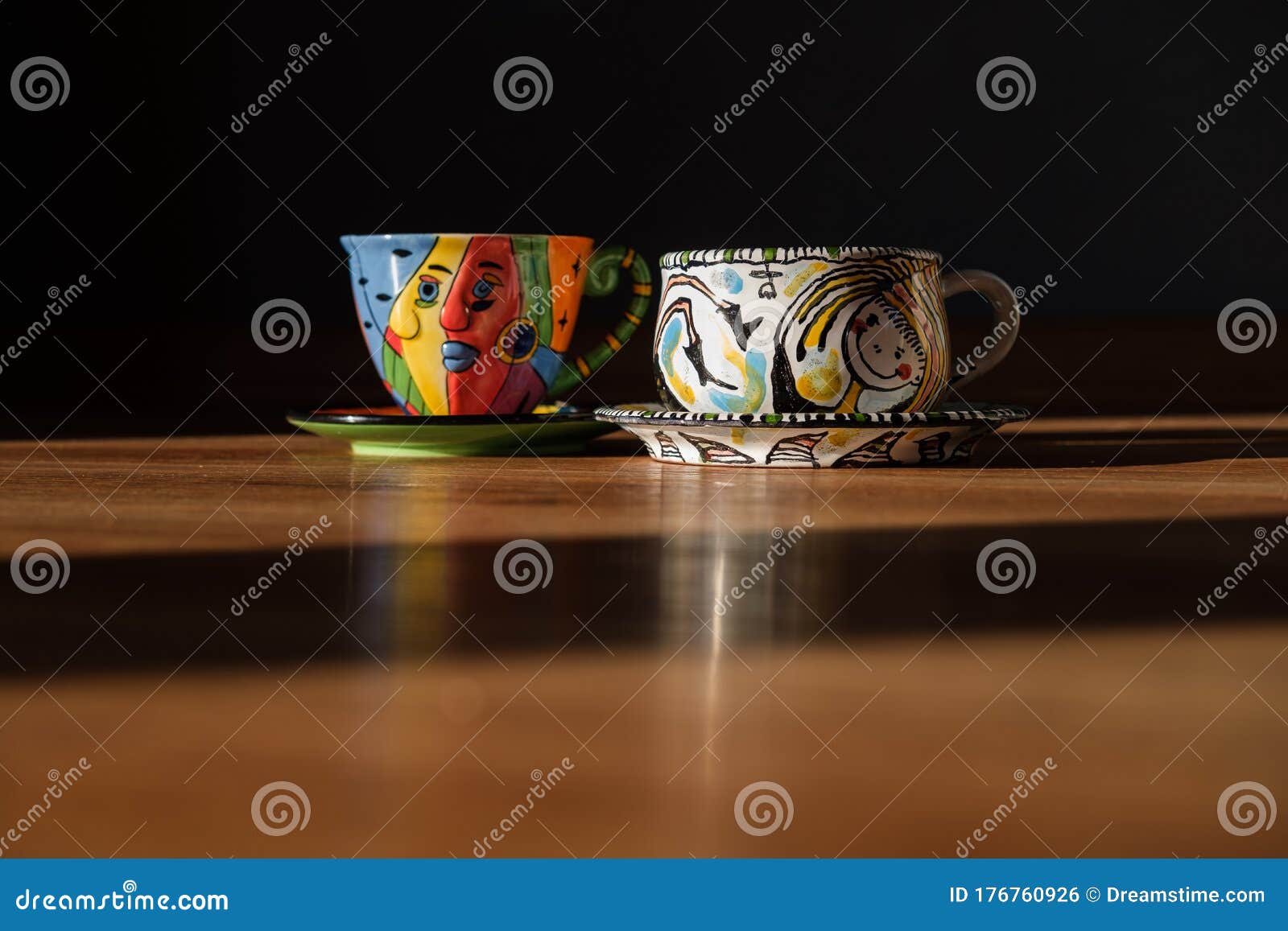 Two Tea and Coffee Cups and Plates Different Colour Stock Photo - Image ...
