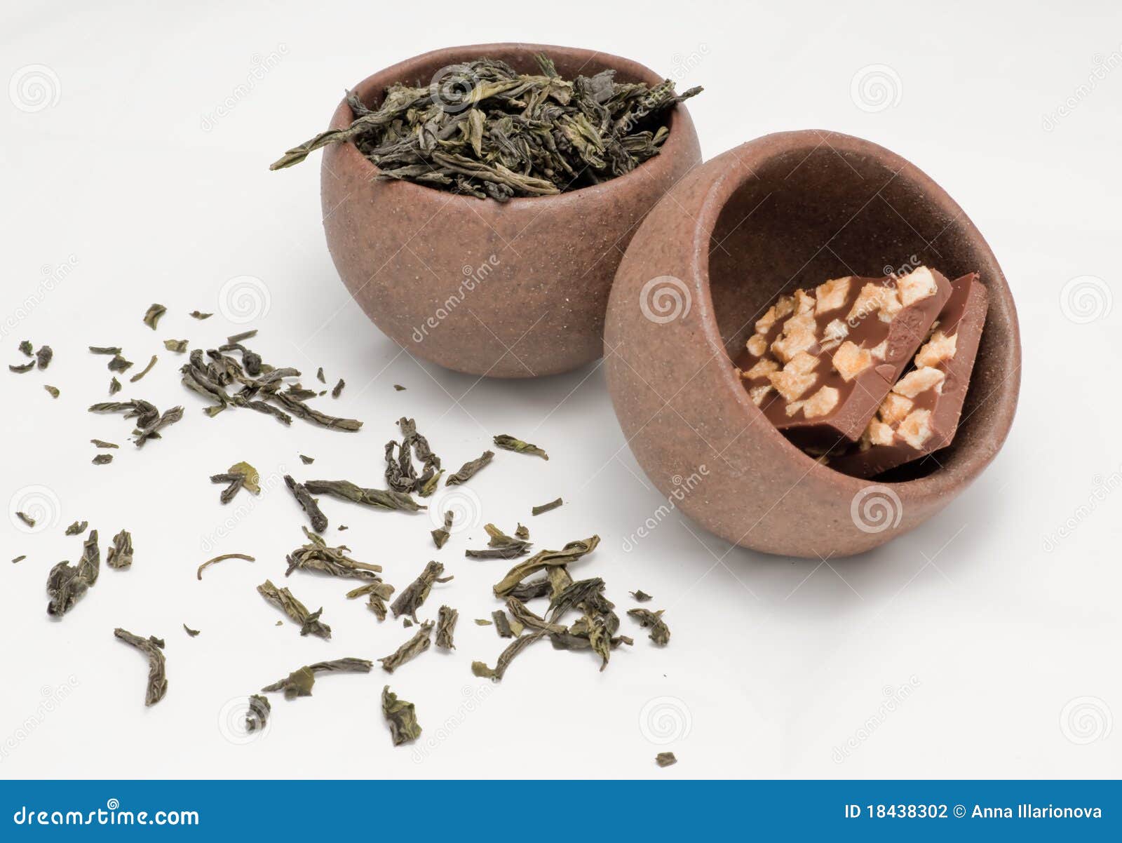 Two Tea Cups with Green Tea and with Chocolate Stock Photo - Image of ...