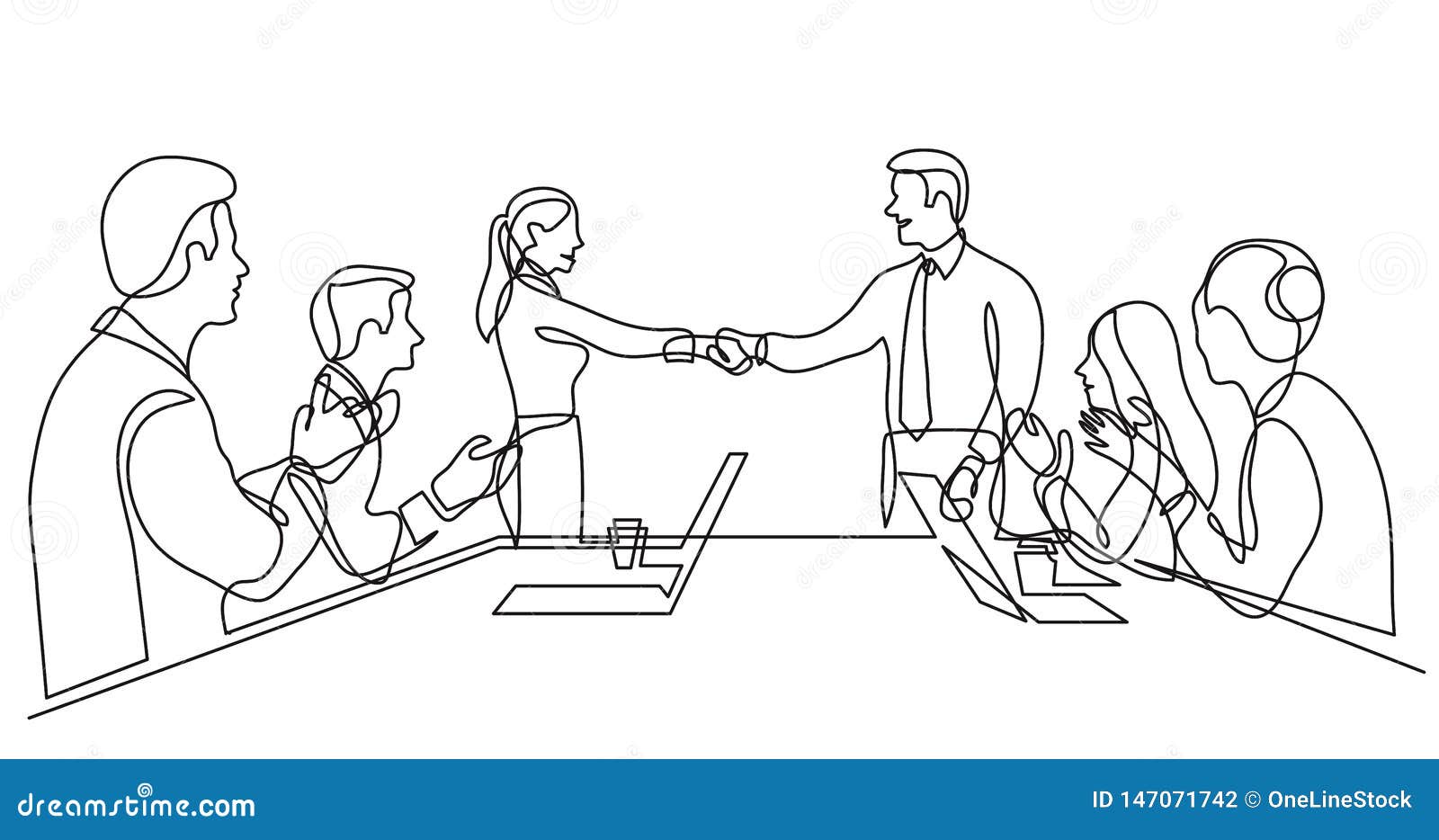 Two Team Members Shaking Hands in Front of Work Team - Single Line ...