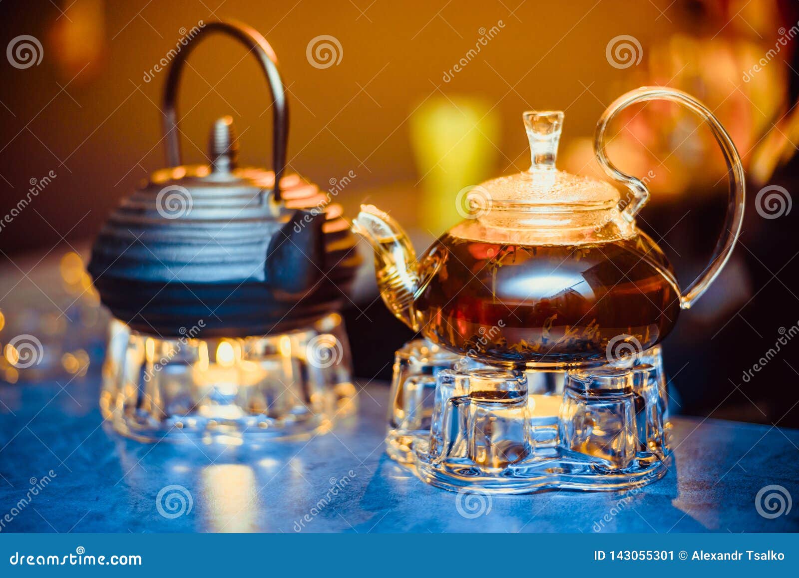 Two Teapots with Brewed Tea are on the Table in a Cafe Stock Image ...