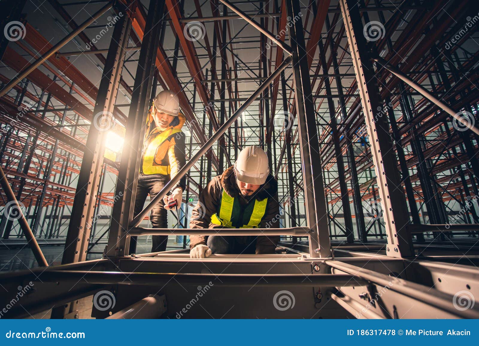 Two Technician Inspector Check Machine Shelf in Cold Warehouse. Stock ...