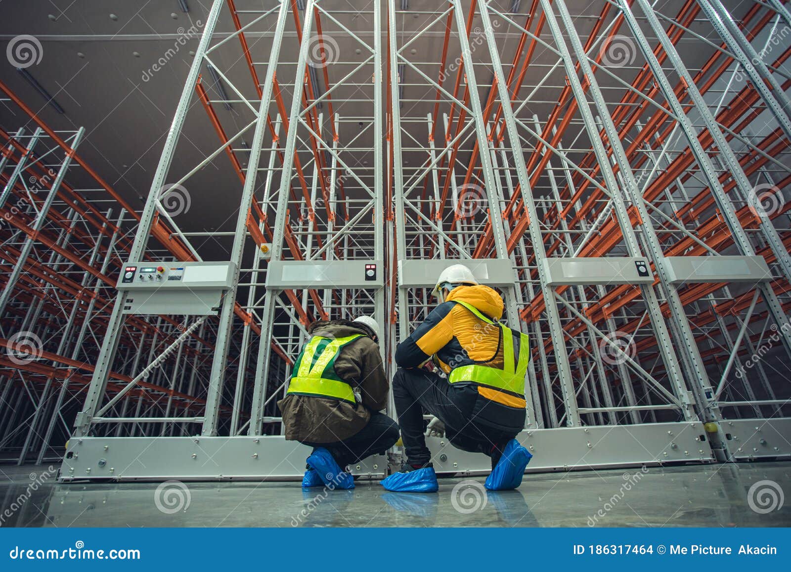 Two Technician Inspector Check Machine Shelf in Cold Warehouse. Stock ...