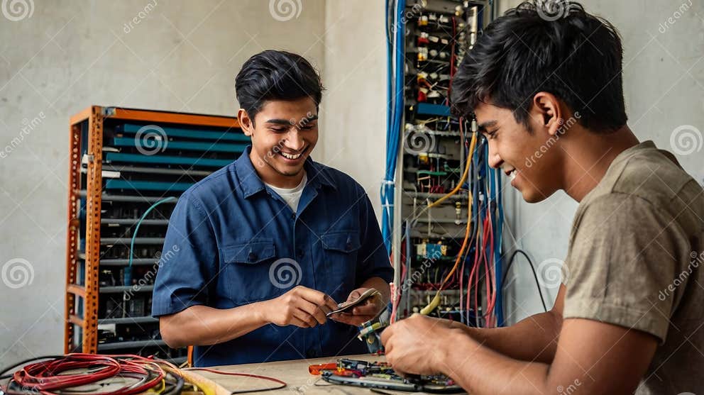 Two Technicians Collaborating, Repairing Electronic Device in Workshop ...