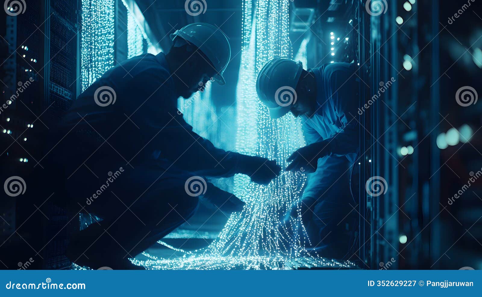 Engineers Installing Fiber Optic Cables in a High-tech Data Center, with Light Emerging from the ...