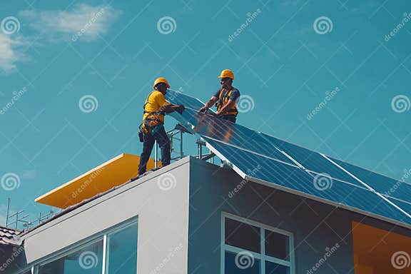 Two Technicians are Securing Solar Panels on a Sleek Rooftop Under a ...