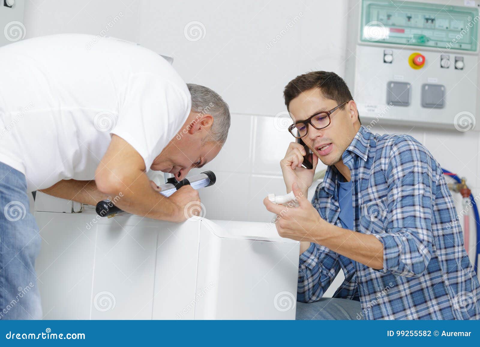 Two Technicians Talking How Repair Machine Stock Photo - Image of male ...