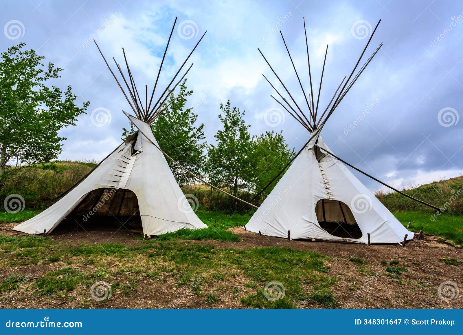 Two Teepees are Standing in a Field Stock Image - Image of cloudy ...
