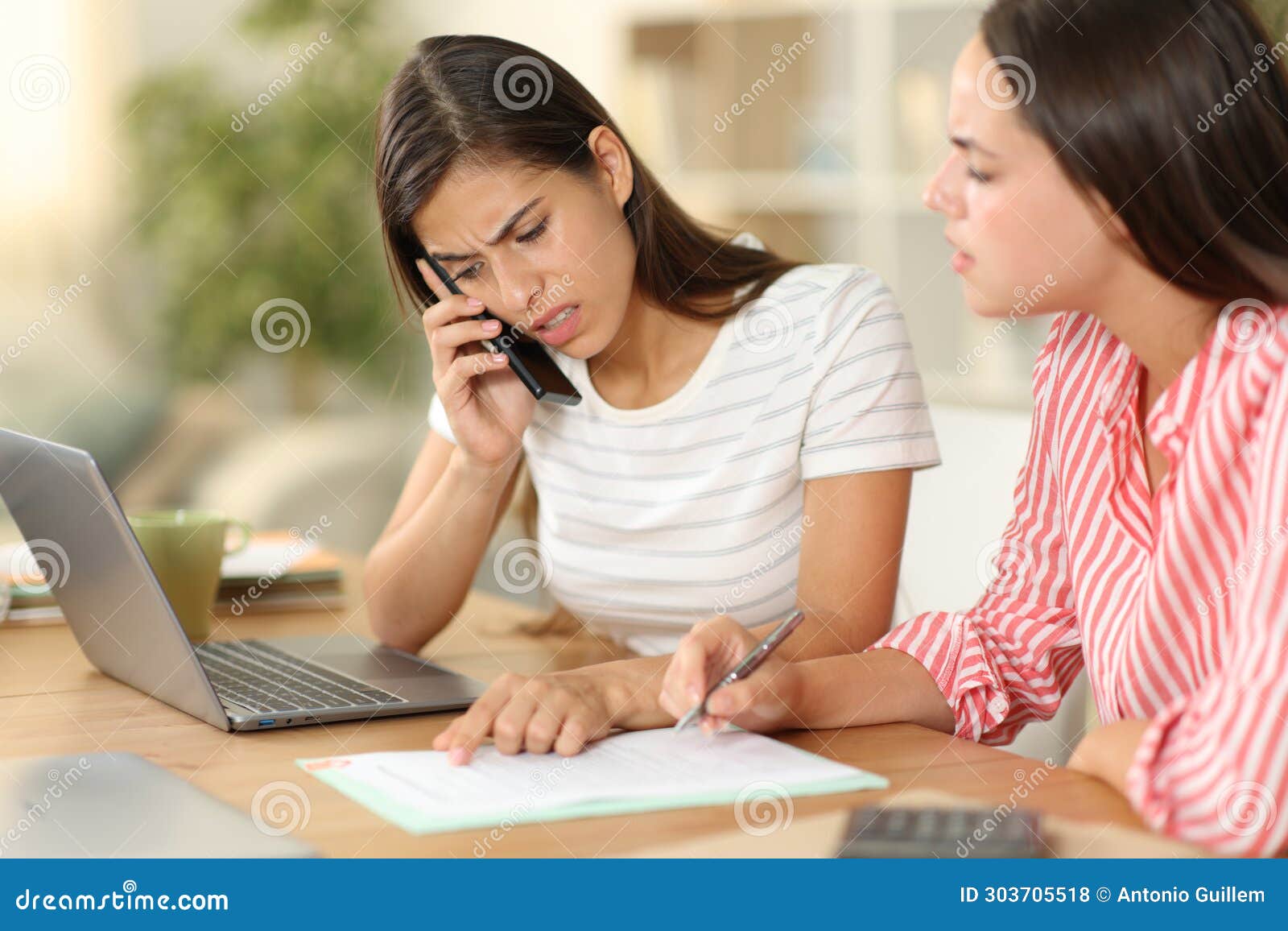 Two Tele Workers Talking on Phone Claiming Contract Problem Stock Photo ...
