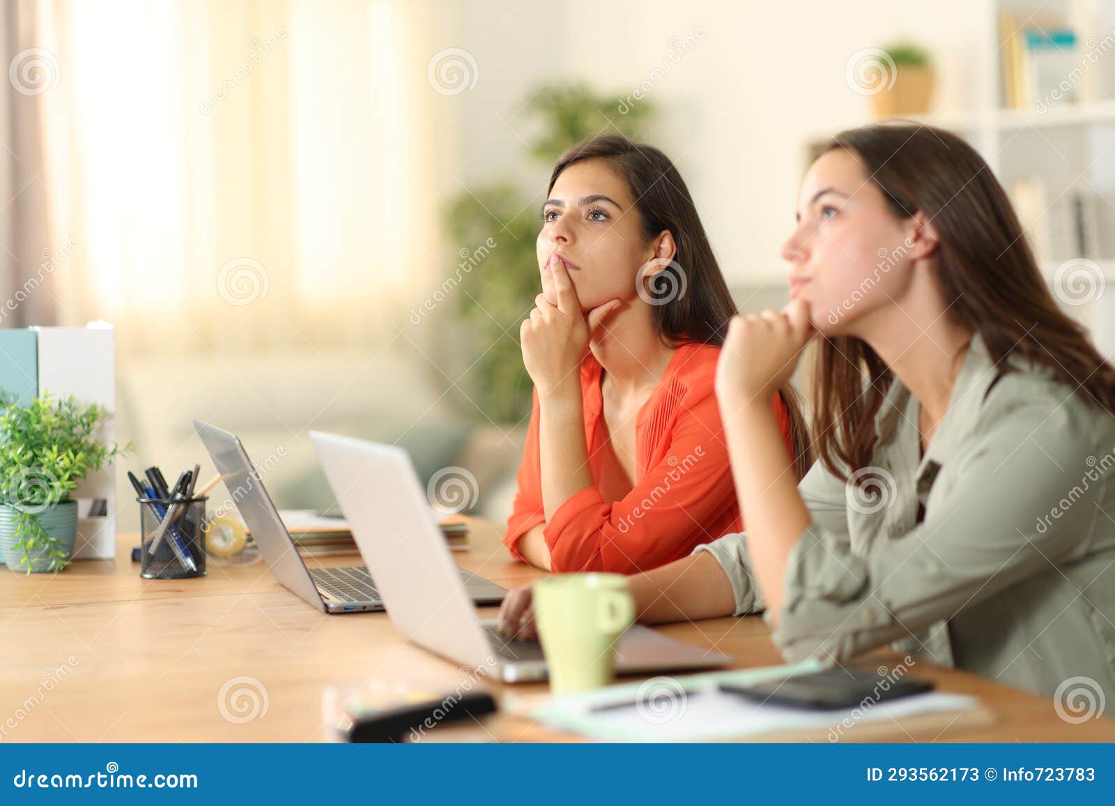 Two Tele Workers Thinking at Home Stock Image - Image of decide ...