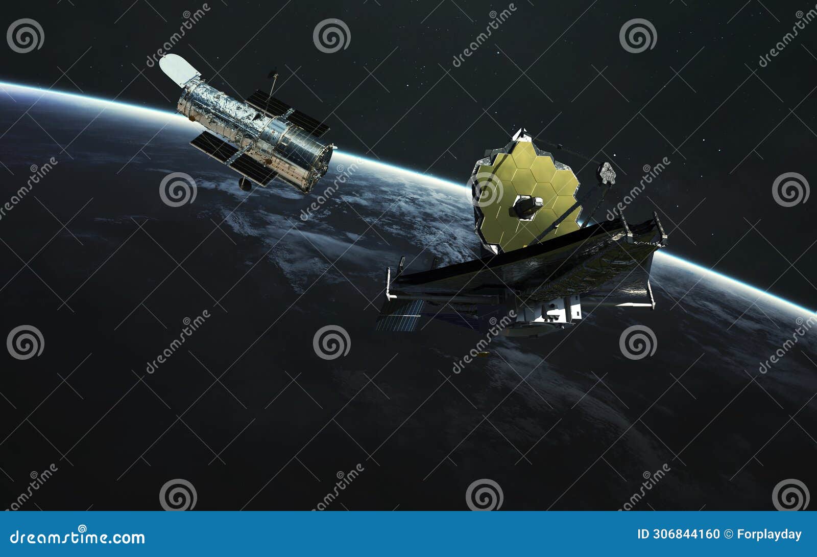 Two Telescopes James Webb and Hubble. JWST Launch Art Stock ... Two Telescopes James Webb and Hubble. JWST Launch Art Stock ...