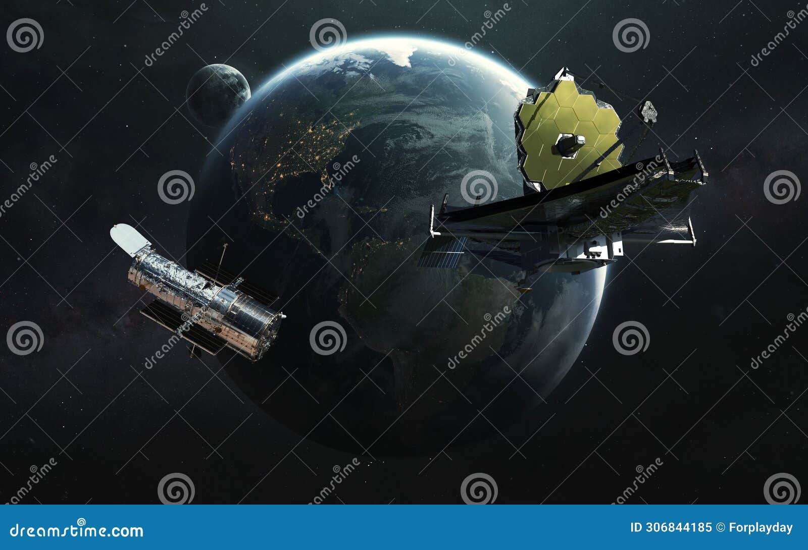 Two Telescopes James Webb and Hubble. JWST Launch Art Stock ... Two Telescopes James Webb and Hubble. JWST Launch Art Stock ...