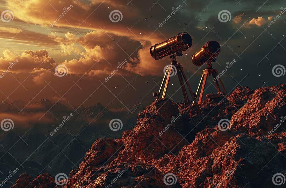 Two Telescopes on a Mountain in a Dark Sky Stock Illustration ...