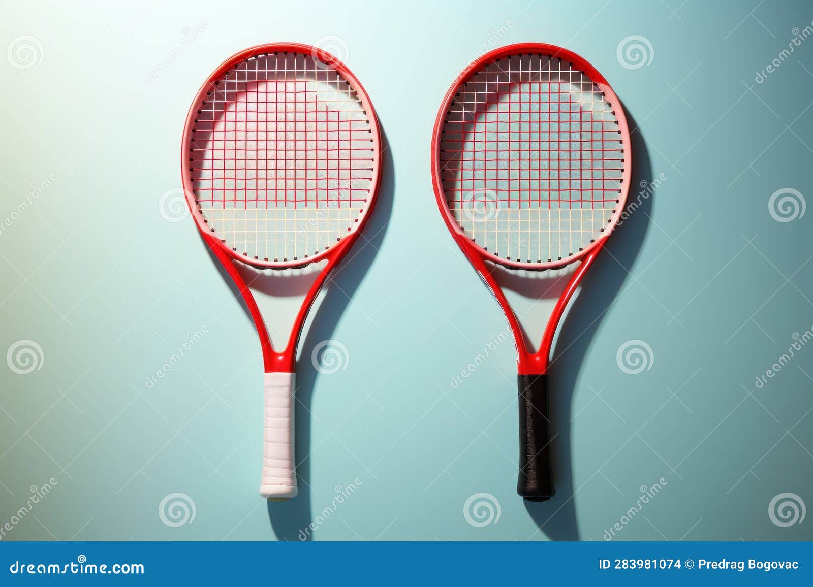 Two Tennis Racquets Sitting Side by Side on a Blue Surface Stock ...