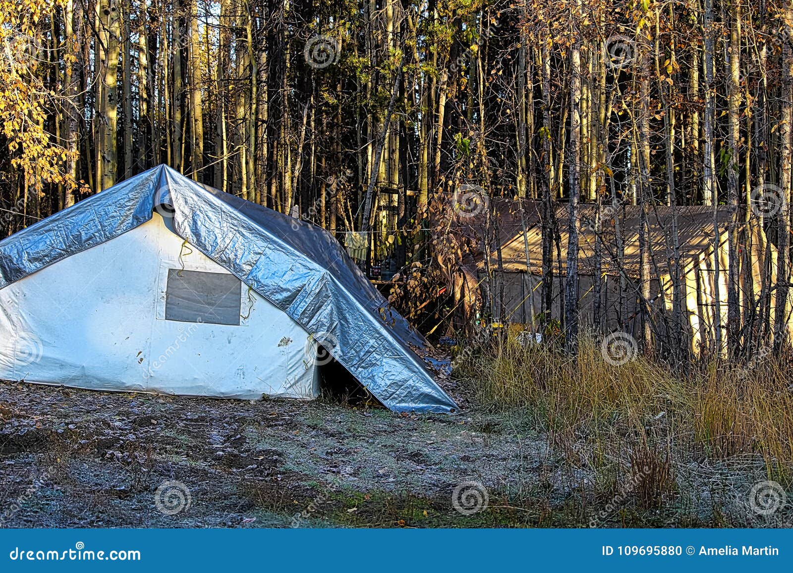 Two Tents Set Up at a Hunting Camp Stock Photo - Image of fall, chimney ...