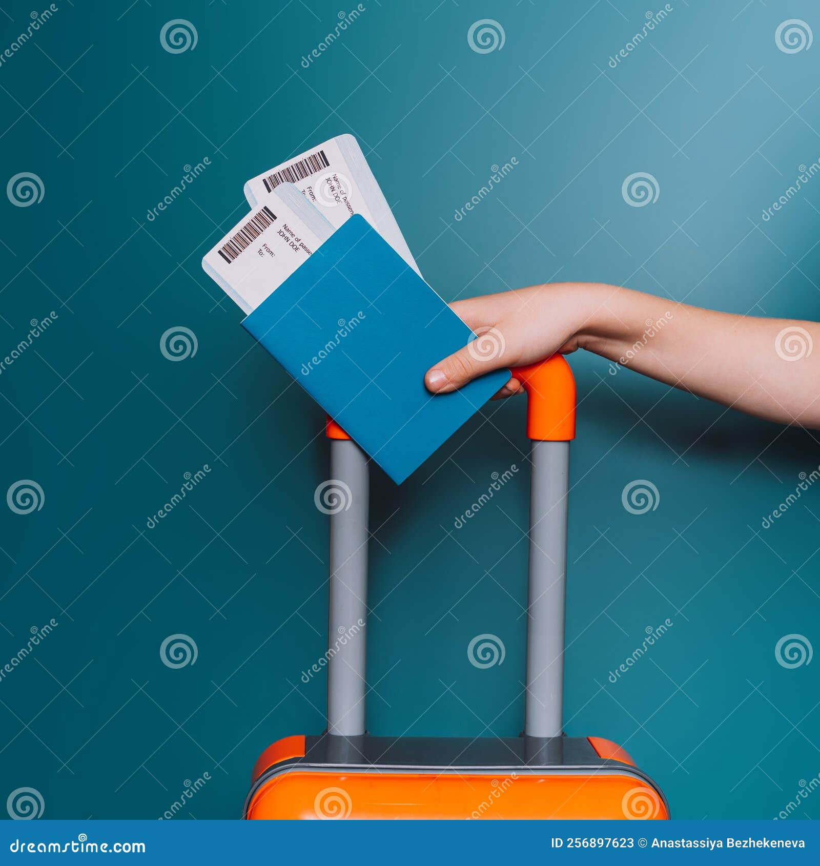 Two Tickets in the Passport on Luggage Against Blue Background Stock ...