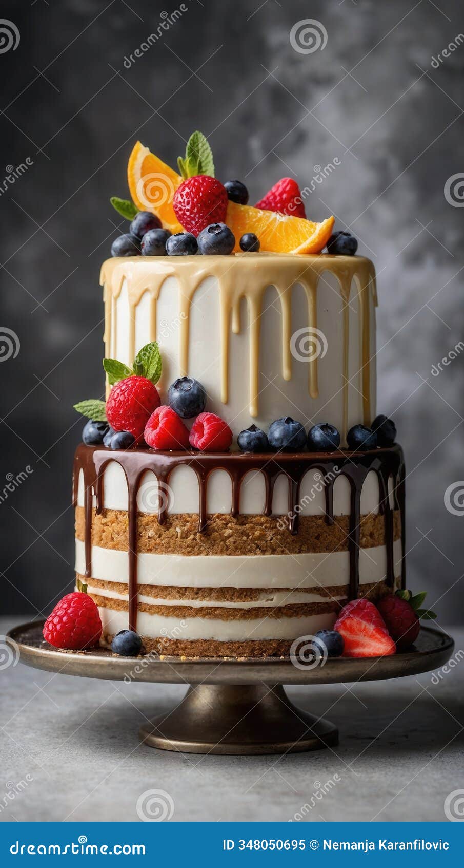 Two-tier Rectangular Cake with White Frosting, Topped with Fresh Fruit ...