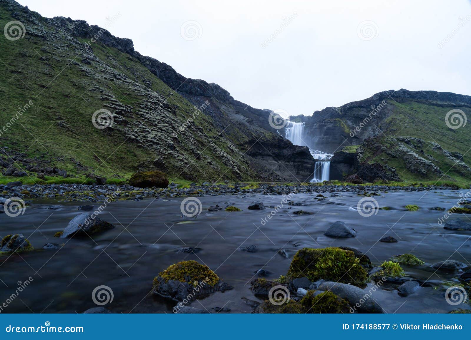 Two-tiered Waterfall Ofaerufoss in the Eldgja Canyon, in the Central ...