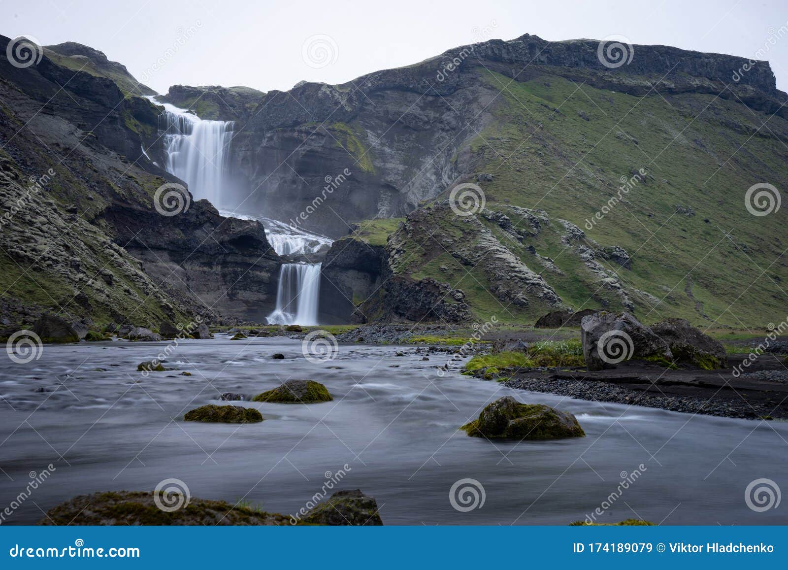 Two-tiered Waterfall Ofaerufoss in the Eldgja Canyon, in the Central ...
