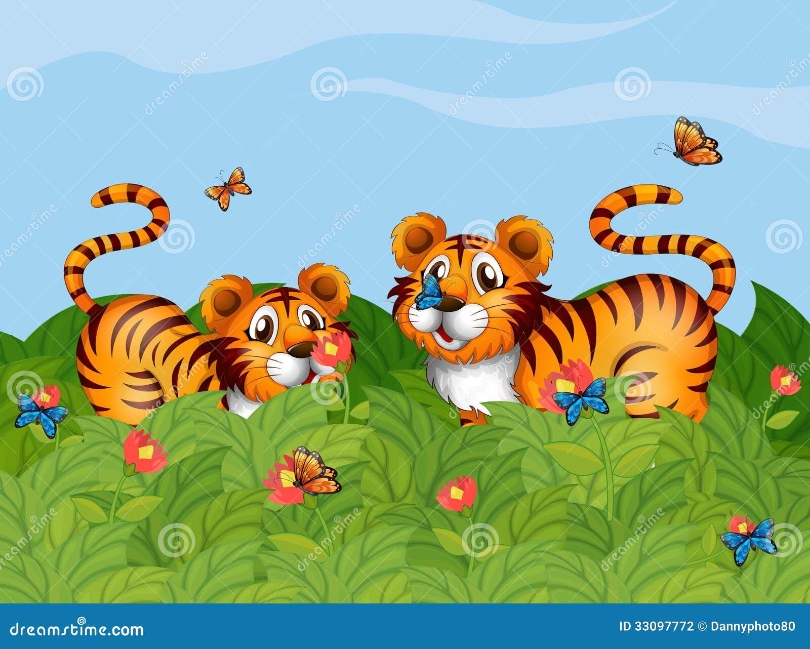 Two Tigers Playing in the Garden Stock Vector - Illustration of natural ...