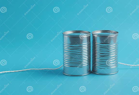 Two Tin Cans Connected by a String on a Blue Background Symbolize ...