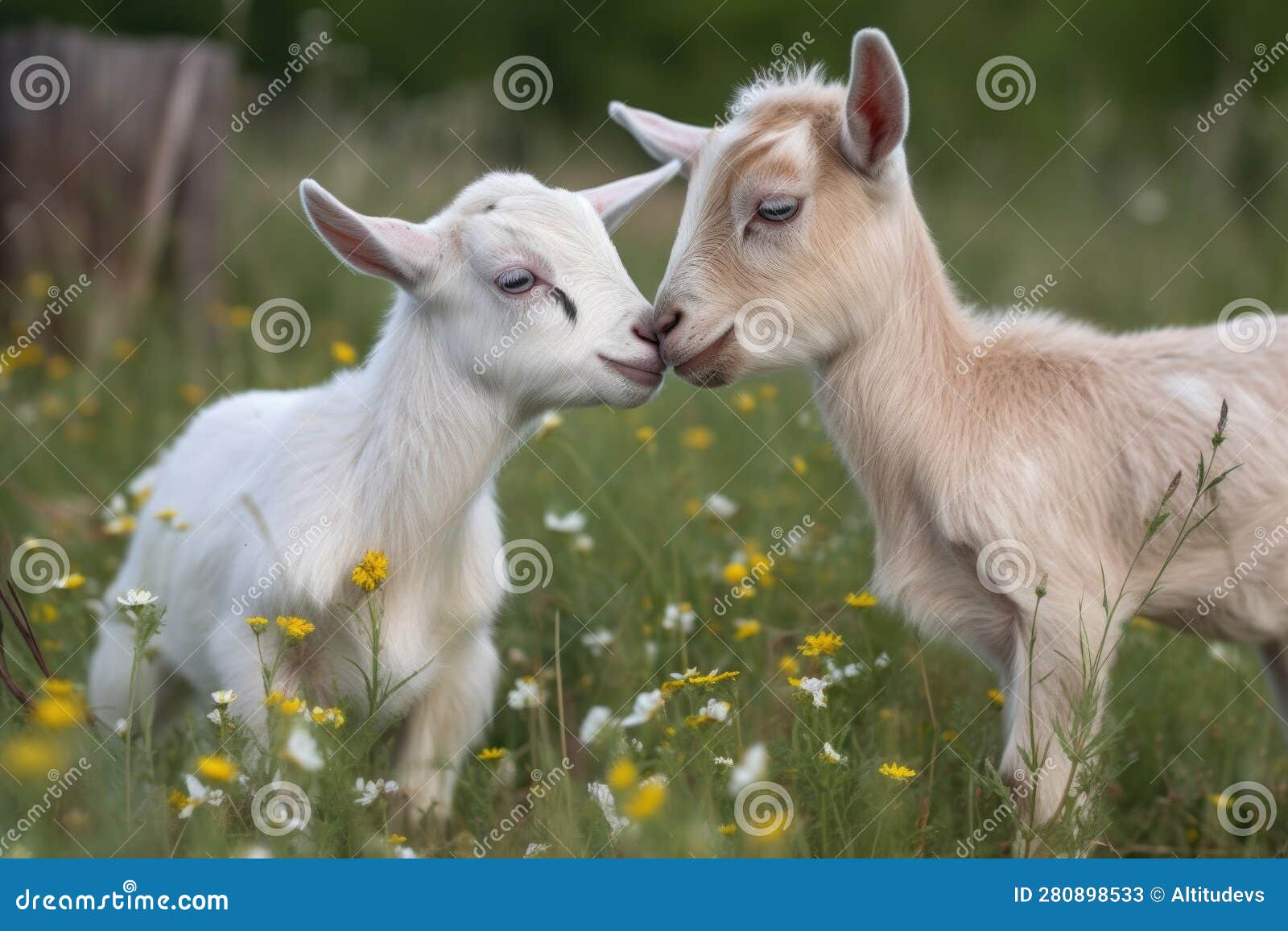 Two Tiny Goats Playfully Head-butting Each Other in Field of ...