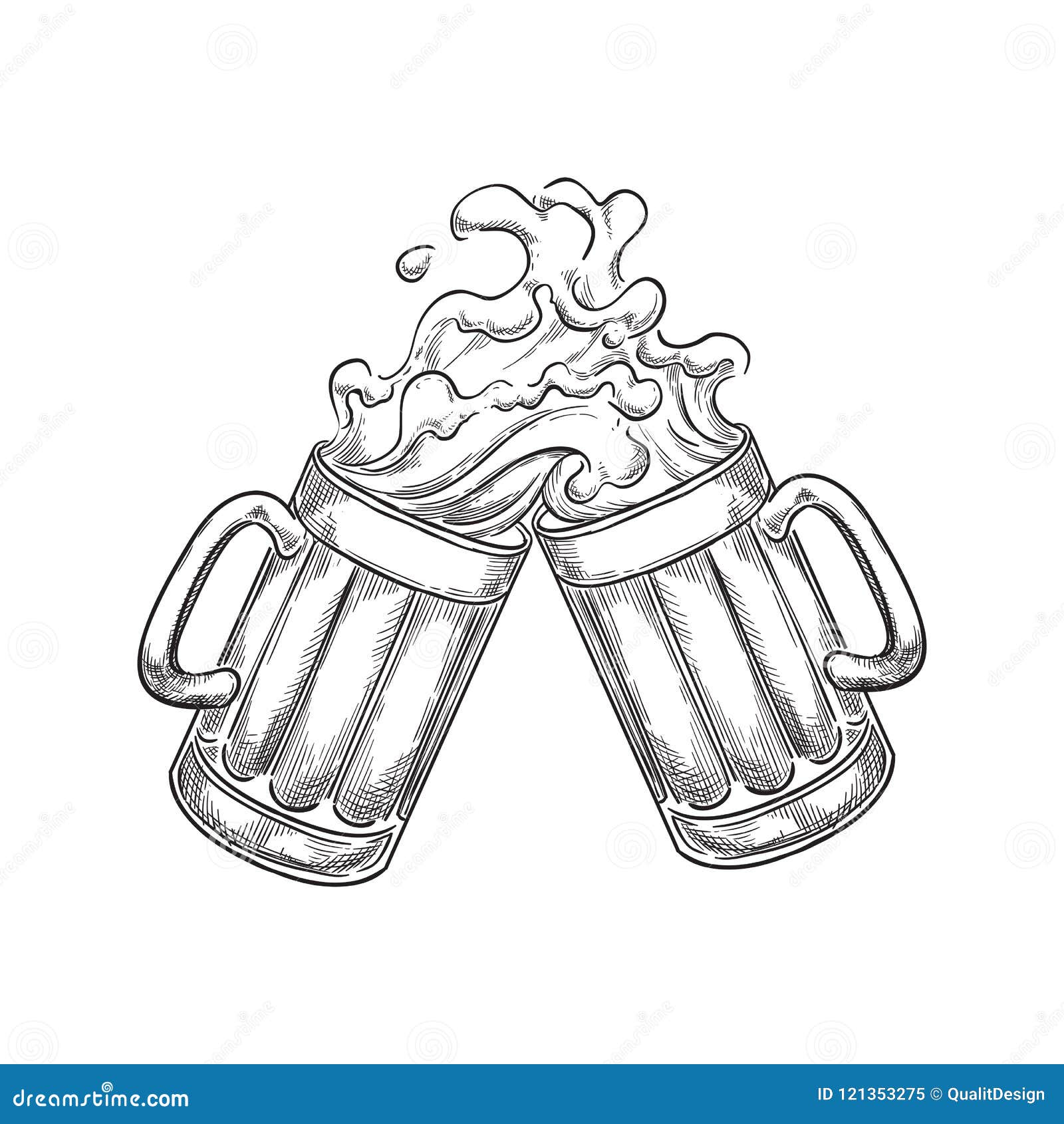 Two Toasting Beer Mugs With Splash Drinks, Sketch Vector Illustration ...