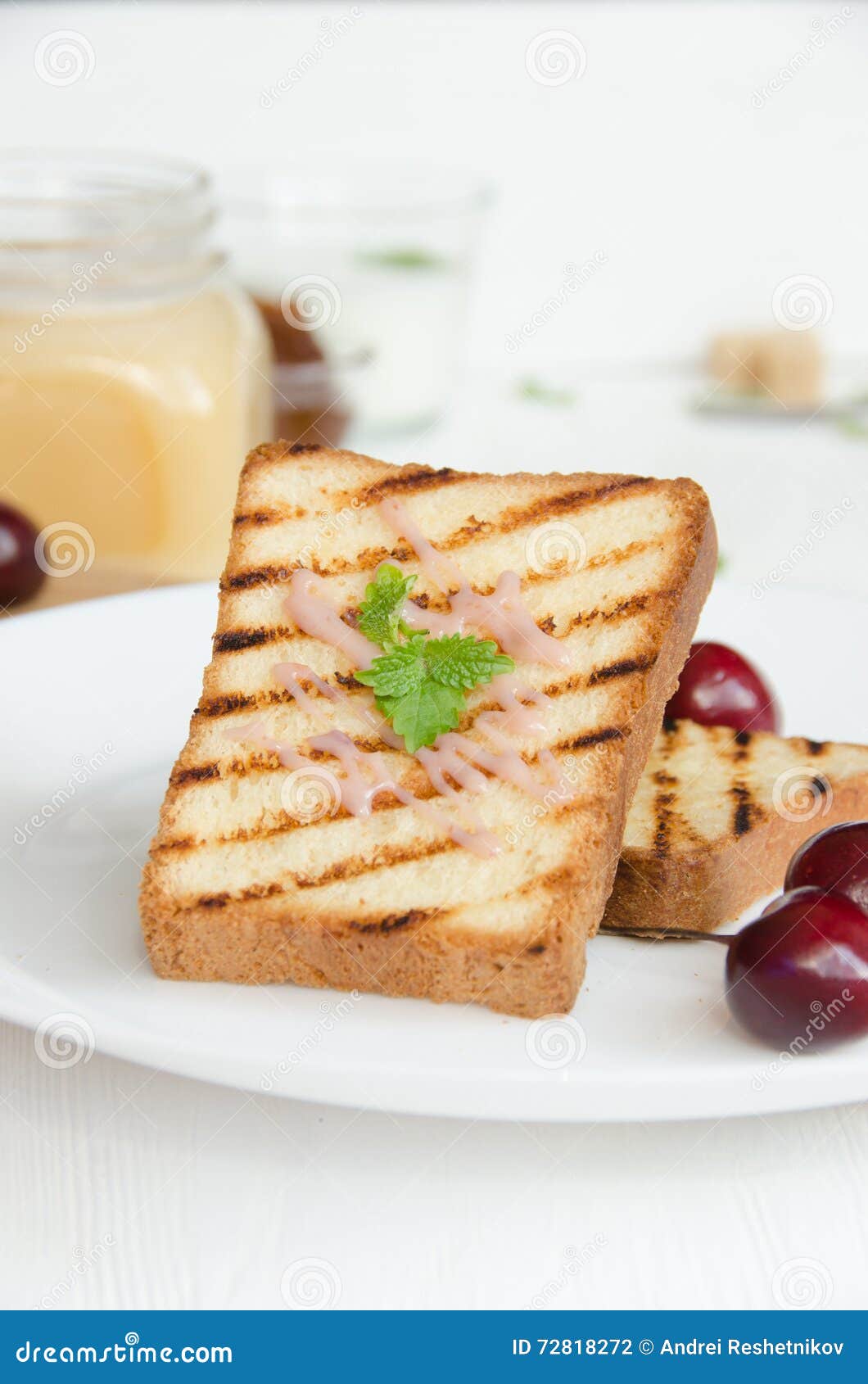 Two Toasts White Bread White Round Plate Stock Photo - Image of grilled ...
