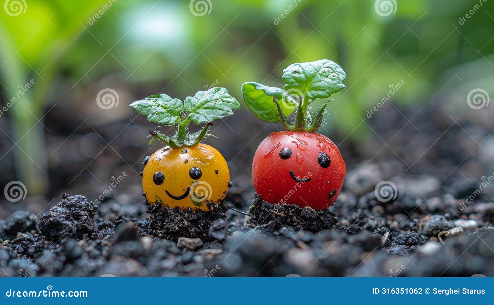 Two Tomatoes with Faces Planted in the Dirt, One is Red and Yellow, AI ...