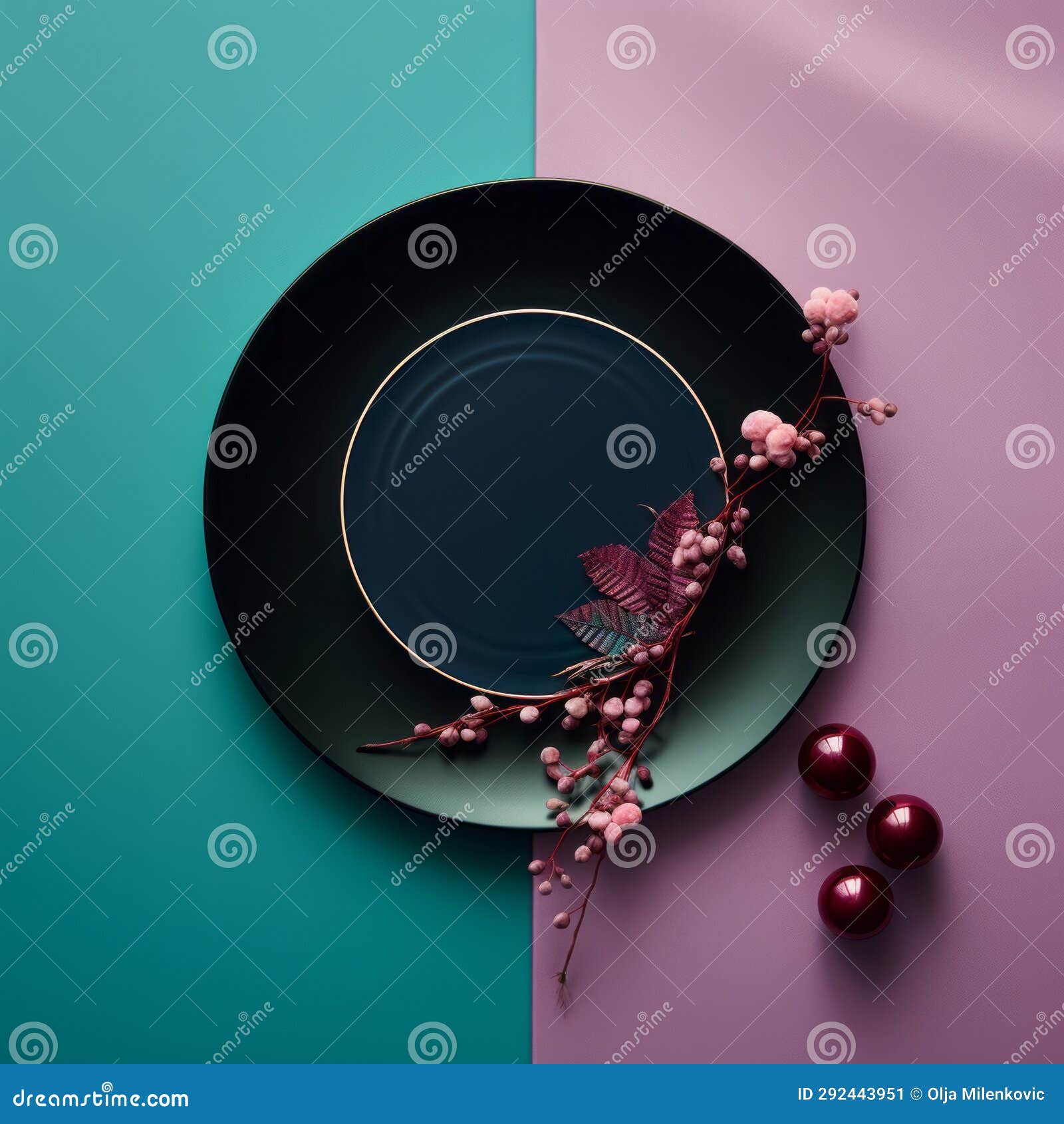 Two-tone Background. Black Empty Plate, Decorations Next To it Stock ...
