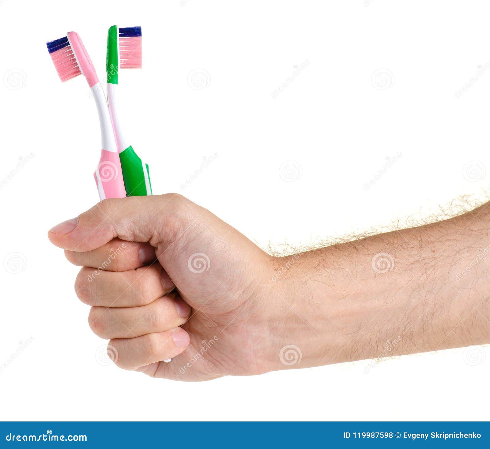 Two toothbrushes in hand stock photo. Image of green - 119987598