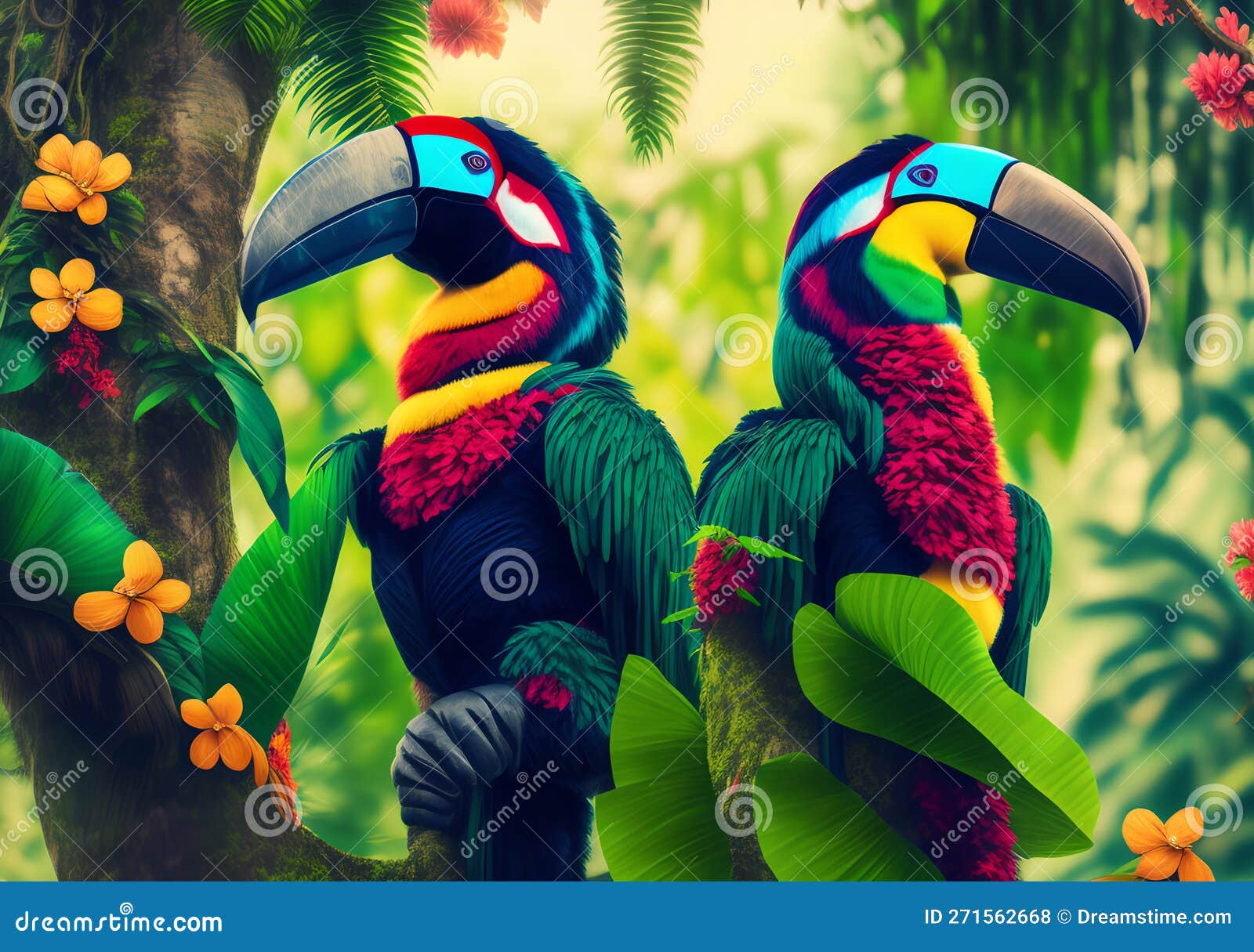 Two Toucans on a Tree in the Morning Rainforest. Generative Al ...