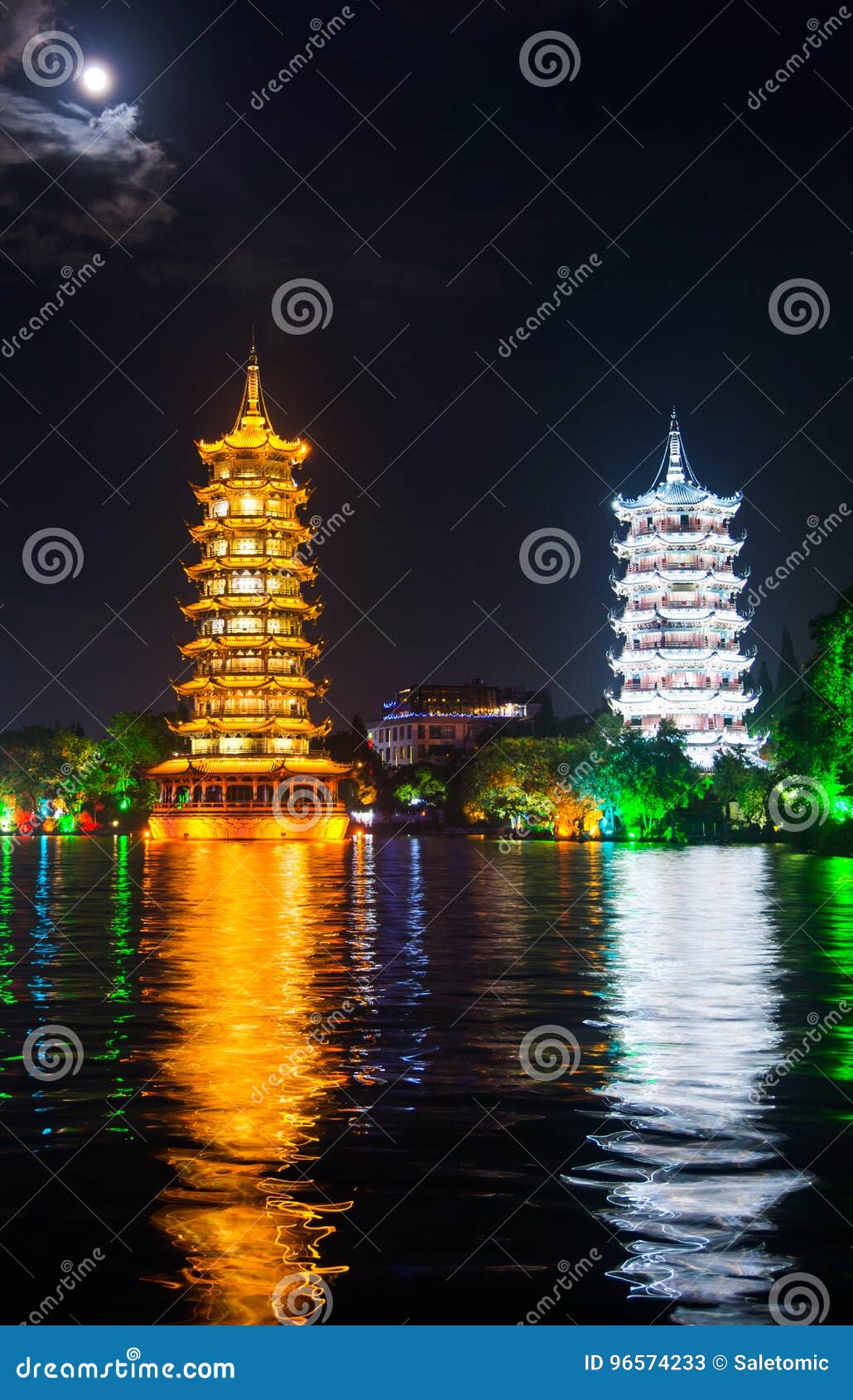 Two Towers in Guilin in China with Moonlight Sky Stock Image - Image of ...