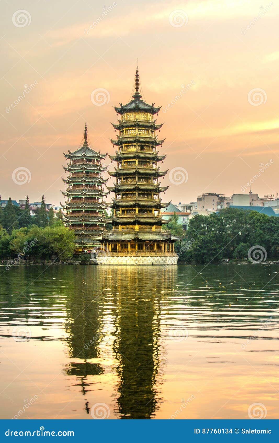 Two Towers in Guilin China at Sunset Stock Photo - Image of landmark ...