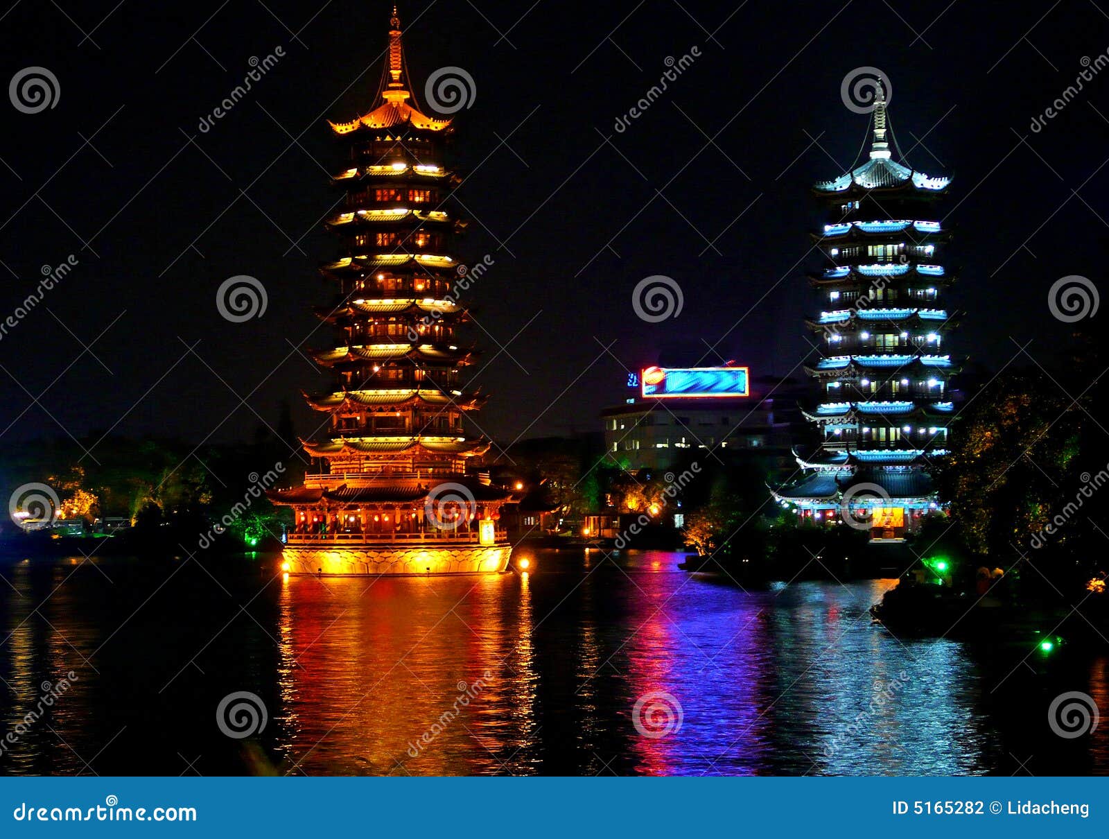Two Towers in Night in a Lake of Guilin Stock Photo - Image of scene ...
