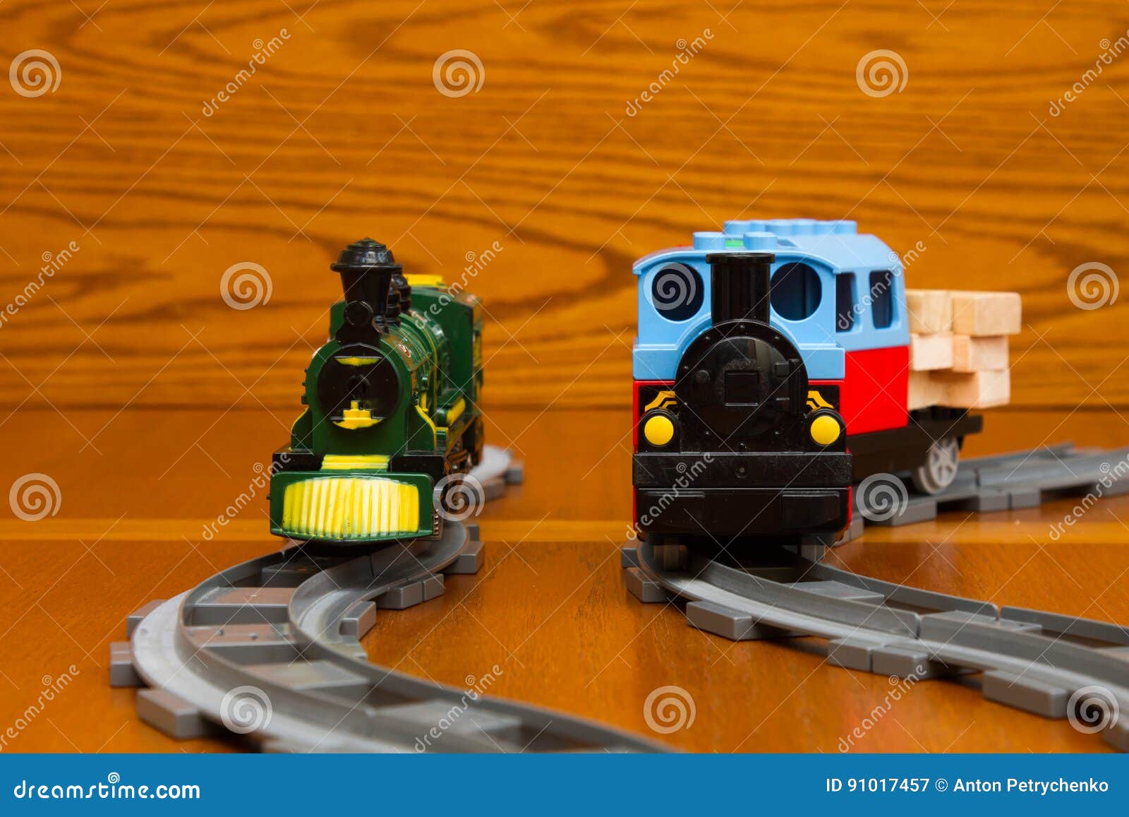 Two Toy Trains on the Gray Rails Stock Image - Image of endless, model ...