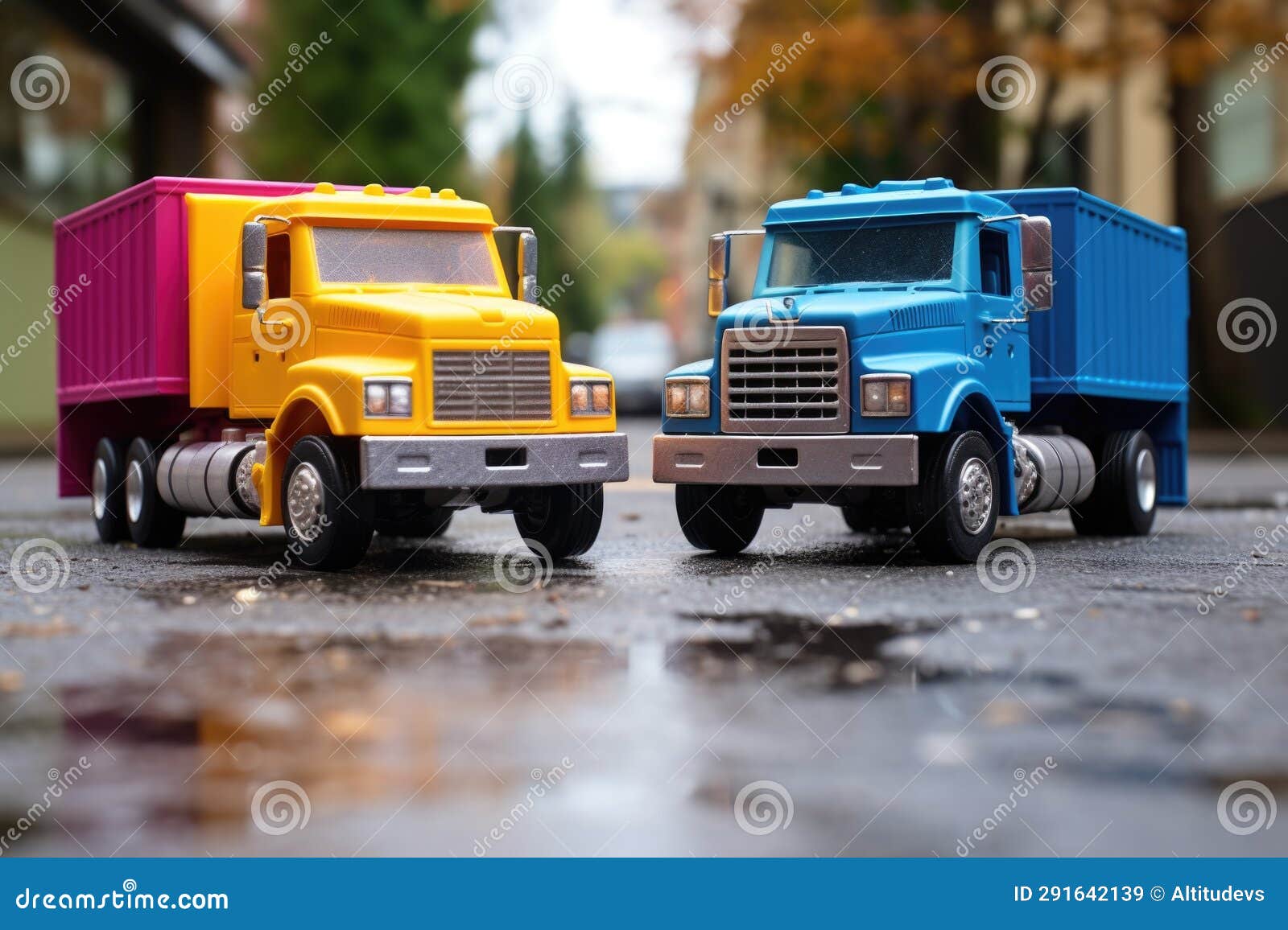 Two Toy Trucks of Different Colors Parked Side by Side Stock Image ...
