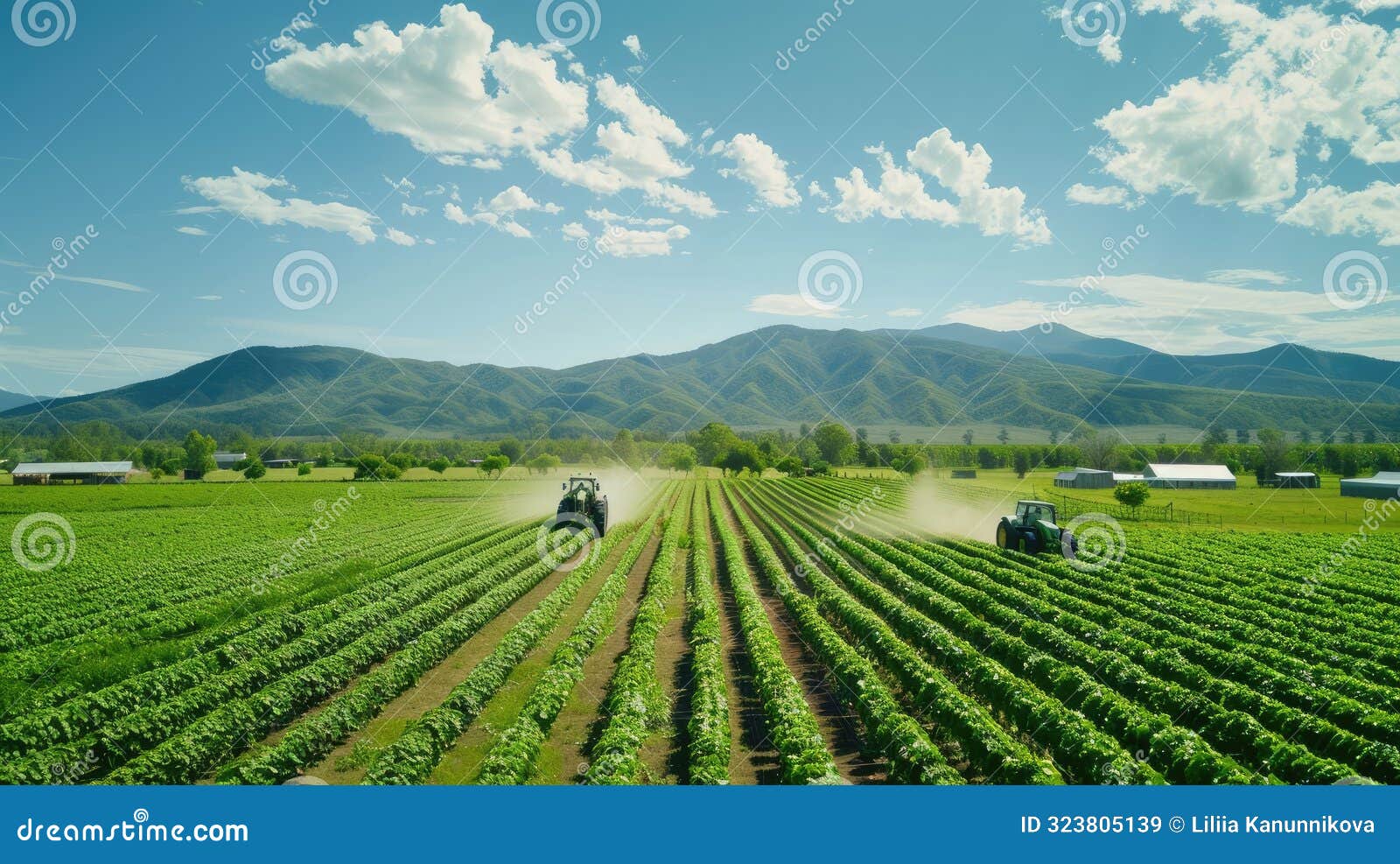 Two Tractors Work in a Field of Crops in a Rural Setting Stock Image - Image of agriculture ...