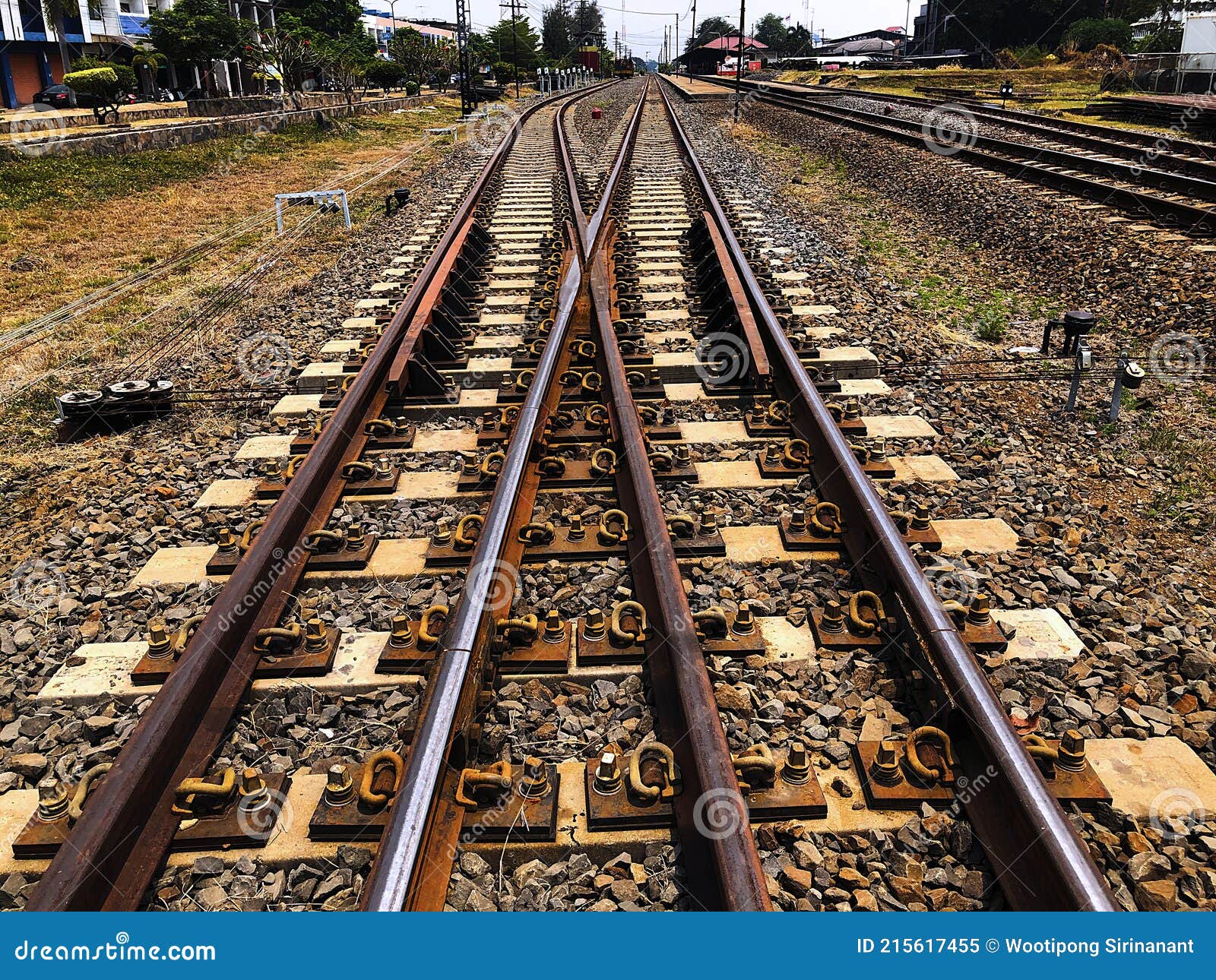 Two train tracks intersect stock image. Image of steel - 215617455