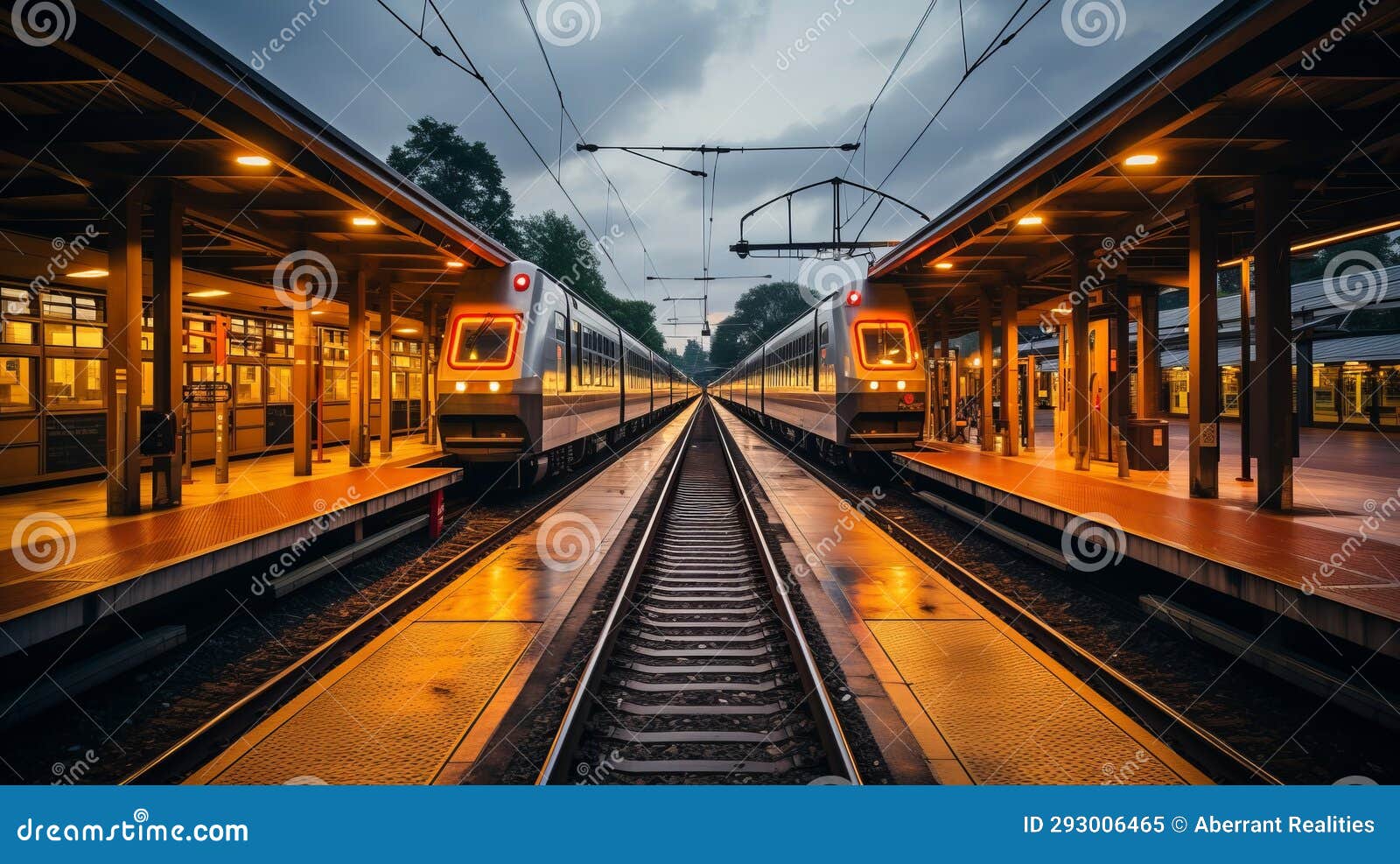 Two Trains are on the Tracks at a Train Station Stock Illustration ...