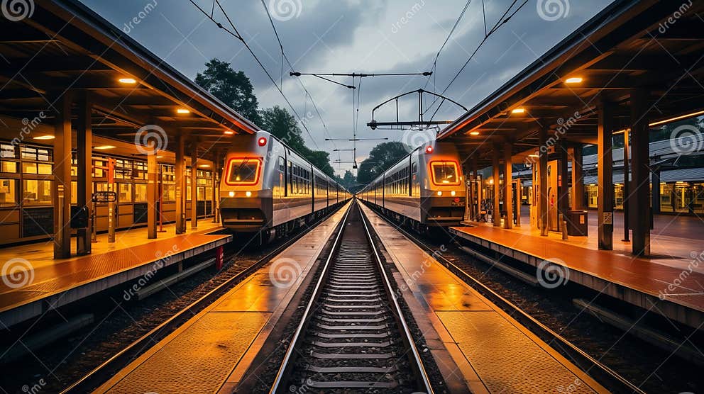 Two Trains are on the Tracks at a Train Station Stock Illustration ...