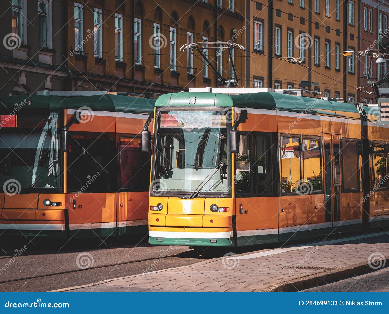 Two Trams in the City during Day Stock Image - Image of tramway ...