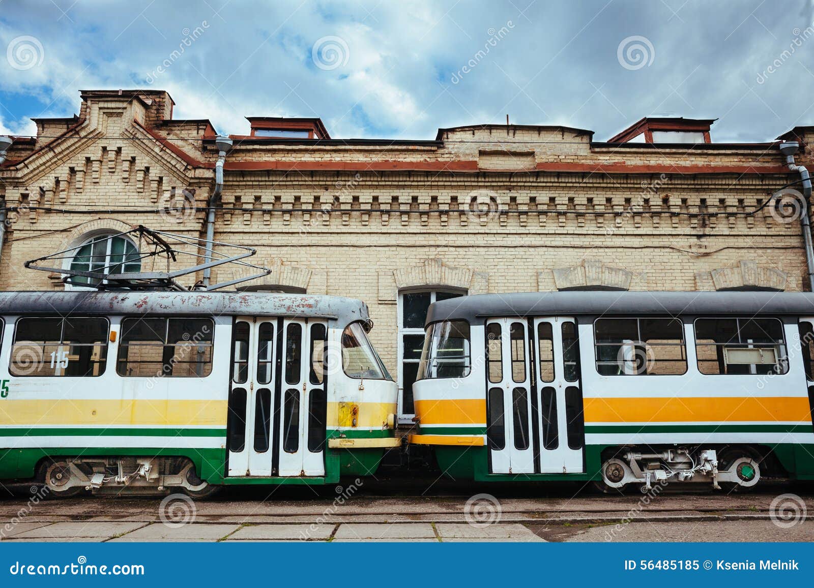Two Trams stock image. Image of yellow, green, russia - 56485185