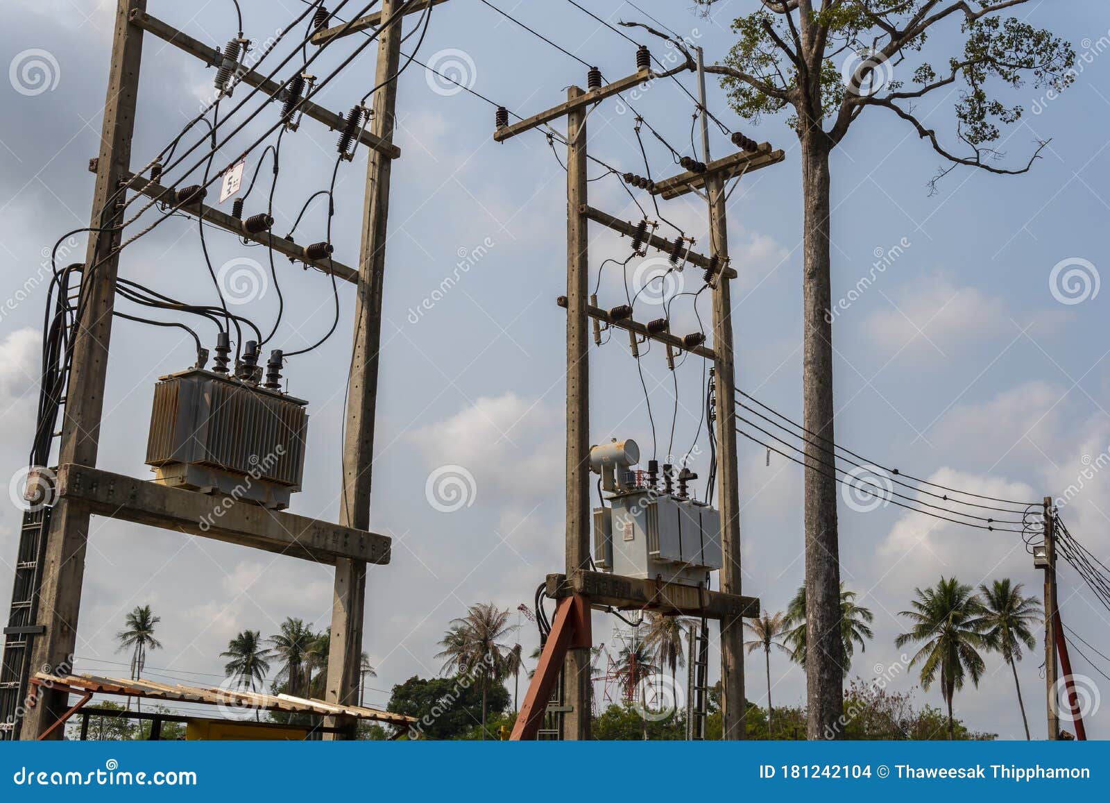 Two Transformers on an Electric Pole Stock Photo - Image of business ...