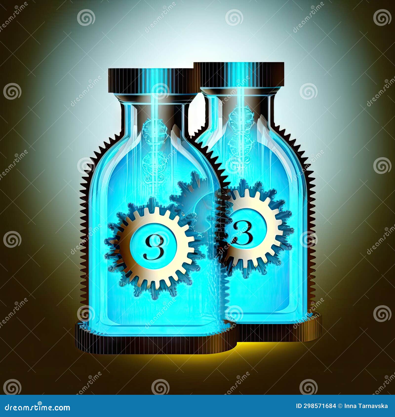 Two Transparent Laboratory Flask with Blue Liquid Inside and Gear Sign ...