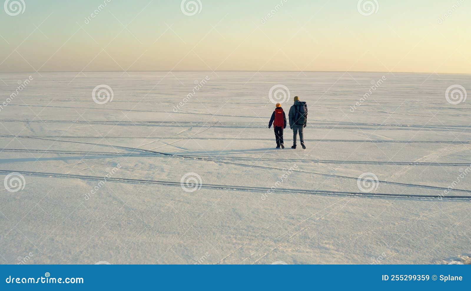 The Two Travelers Walking through the Arctic Icy Field. Stock Image ...